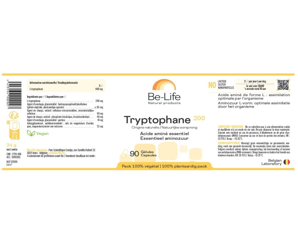 Complément alimentaire Acide aminé : Tryptophane 200 (90 gélules) - be ...