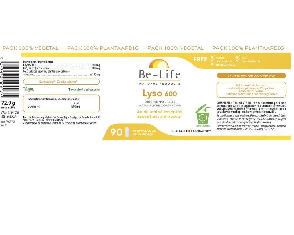 Complément alimentaire: Lyso 600 (90 gélules) - Be-Life