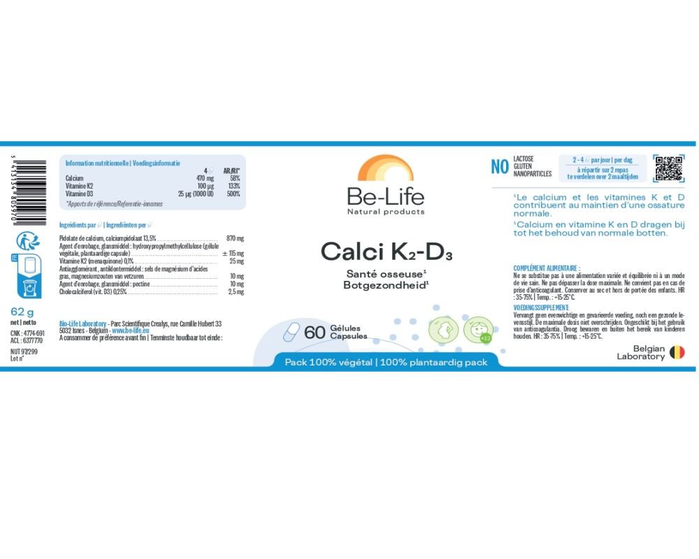 Calci K2-D3 - Vitamines K2 et Vitamines D3 - Be-Life - 60 gélules